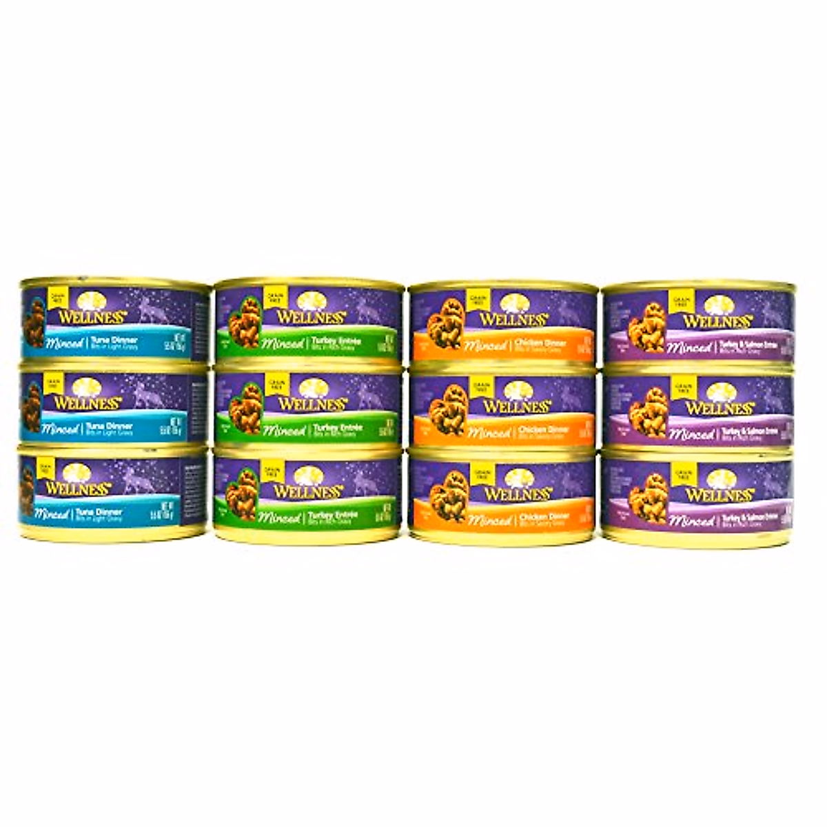 Wellness Minced Grain-Free Wet Cat Food Variety Pack - 4 Flavors (Tuna, Turkey, Chicken, and Turkey & Salmon) - 12 (5.5 Ounce) Cans - 3 of Each Flavor