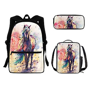 doginthehole Middle School Backpack School Bag for Kids Girls Boys, Lightweight Travel Daypack Bookbag Art Watercolor Horse Design Rucksack Lunch Box Pencil Bag, Set of 3