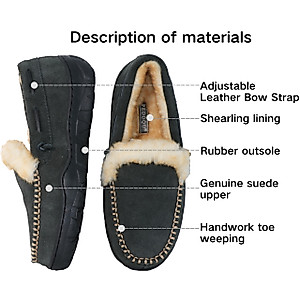 PEDOQU Men's Moccasin Slippers Genuine Suede Uppers Shearling Lining Memory Foam House Shoes, Indoor and Outdoor Warm Loafer