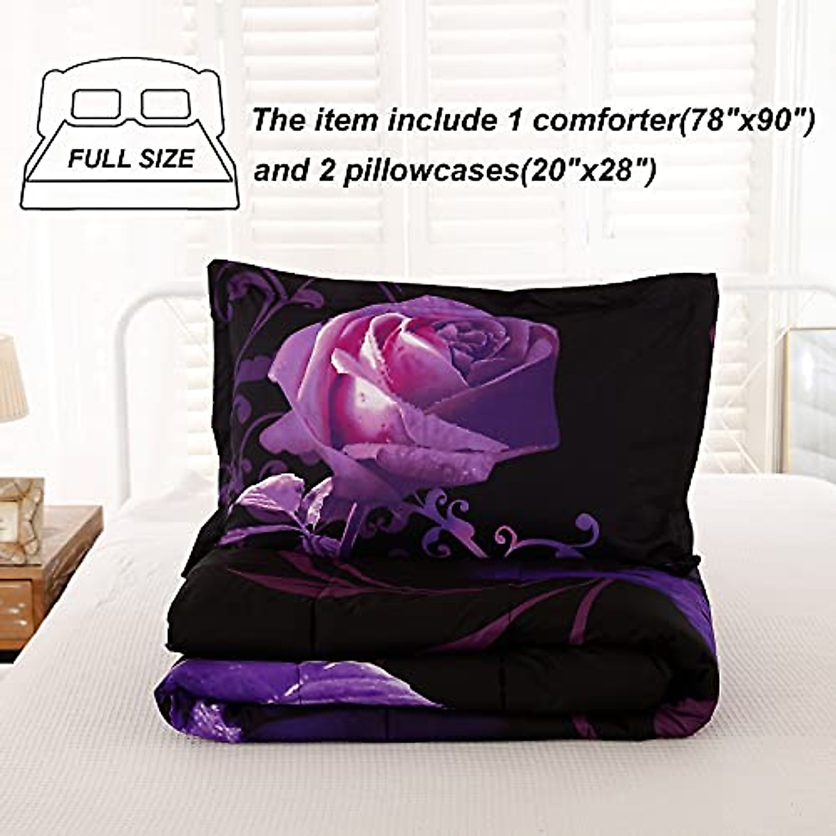 Purple Comforter Set Full Reversible Purple Rose Pattern Printed Bedding Down Comforter with 2 Pillow Cases for All Seasons, Soft Microfiber Bedding Comforter Duvet Set for Full Bed 80"x90"