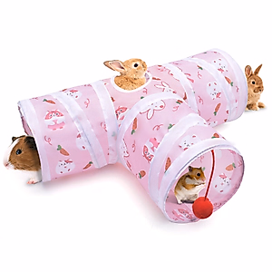 Bissap Rabbit Tunnel, 9.8'' Collapsible Bunny Tunnel and Tube 3 Ways Pet Hideout with 1 Play Ball for Indoor Kittens Dwarf Rabbits Bunnies Guinea Pigs Chinchillas Small Animal Activity Fun Toys (Pink)