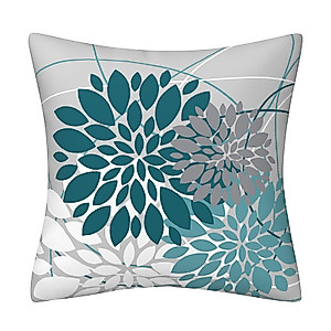 Teal Dahlia Pillow Cover 18x18 Inch Spring Summer Blue Throw Pillow Covers Gray Turquoise Geometric Floral Line Cushion Case Farmhouse Outdoor Home Decor for Sofa Bed Living Room, Set of 2