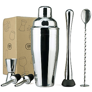 PG Professional Bartender Kit - 6PC Premium Cocktail Stainless Steel Shaker Set - 24oz Martini Shaker Gloss Finish, with Muddler, Stirring Spoon, 2x Wine Pourer, and Double Jigger