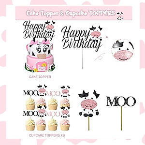 114 PCs Cow Party Decorations, Fiesec Pink Cow Birthday Party Decorations Backdrop Balloon Garland Arch Banner Cake Cupcake Topper Walking Cow Balloon Cow Print Moo Pink White Black
