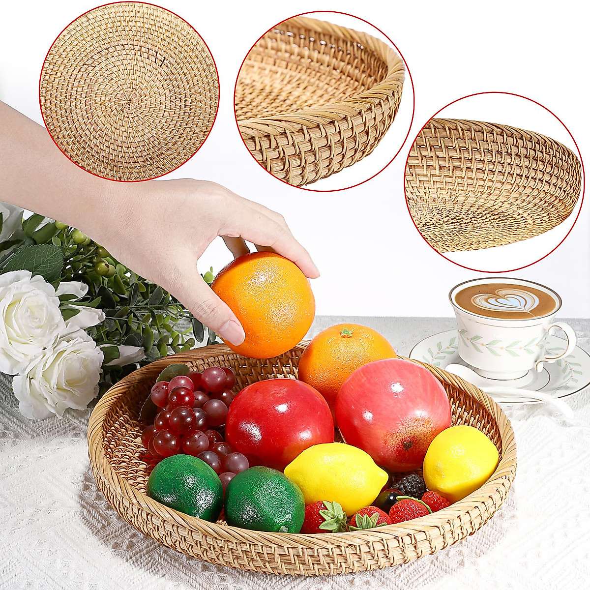 Hipiwe Round Key Basket Bowl for Entryway Table, 11.8" Large Rattan Basket Tray Decorative Ottoman Trays Centerpiece Tray for Coffee Table, Hand-Woven Fruit Basket Wicker Serving Tray