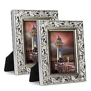 EdenseeLake 4x6 Picture frame Set of 2, Vintage Photo Frame With Carved Retro Pattern For Tabletop and Wall Decoration, Silver