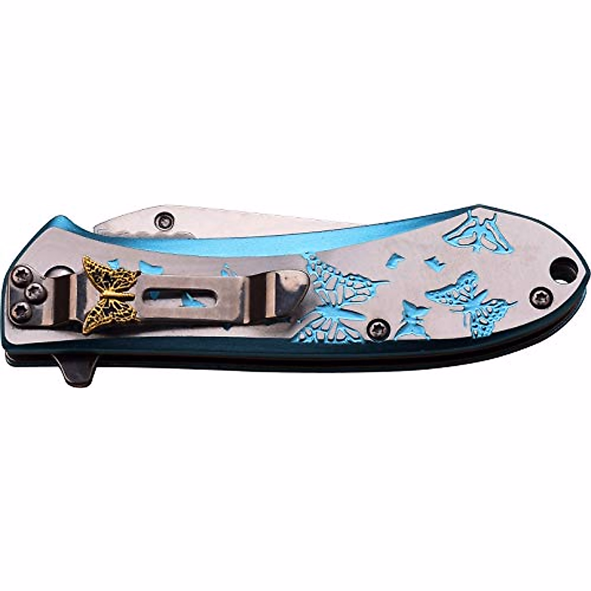 Femme Fatale – Spring Assisted Open Folding Pocket Knife – Black/Satin Finish Stainless Steel Blade, Blue/Silver Aluminum Handle w/ Butterflies, Pocket Clip, EDC, Self Defense – FF-A010LB