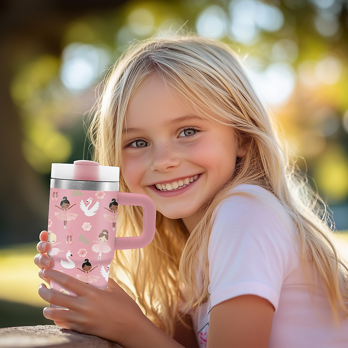 Ballerina Gifts for Girls, Pink Ballerina Tumbler with Handle and Straw for Kids, Insulated Stainless Steel Travel Mugs, Birthday Valentines Day Gifts for Dance Lover Girls Women Dancer