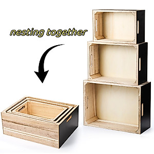 Lyellfe Set of 3 Wood Crates, Rustic Nesting Wooden Crates Unfinished for Display, Milk Organizer Storage Box with Chalkboard Handle, Natural Solid Wood