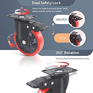 5 Inch Caster Wheels with Brake, Casters Set of 4 Heavy Duty 2000LBS, Safety Dual Locking Industrial Casters, Polyurethane Foam No Noise Wheels for Cart, Workbench(Two Hardware Kits Provided)