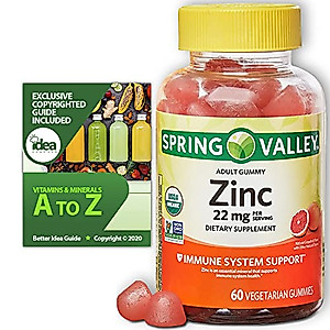 Zinc Adult Organic Vegetarian Gummy, Optimal Immune System Support, 22mg, 60ct Bundle With Exclusive "Vitamins & Minerals A To Z" - Better Idea Guide (2 Items)