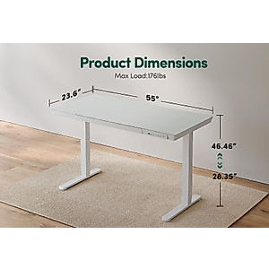 FEZIBO 55 × 24 Electric Standing Desk with Drawers, Whole-Piece Glass Adjustable Height Desk, One-Piece Quick Install Adjustable Sit Stand Desk, White