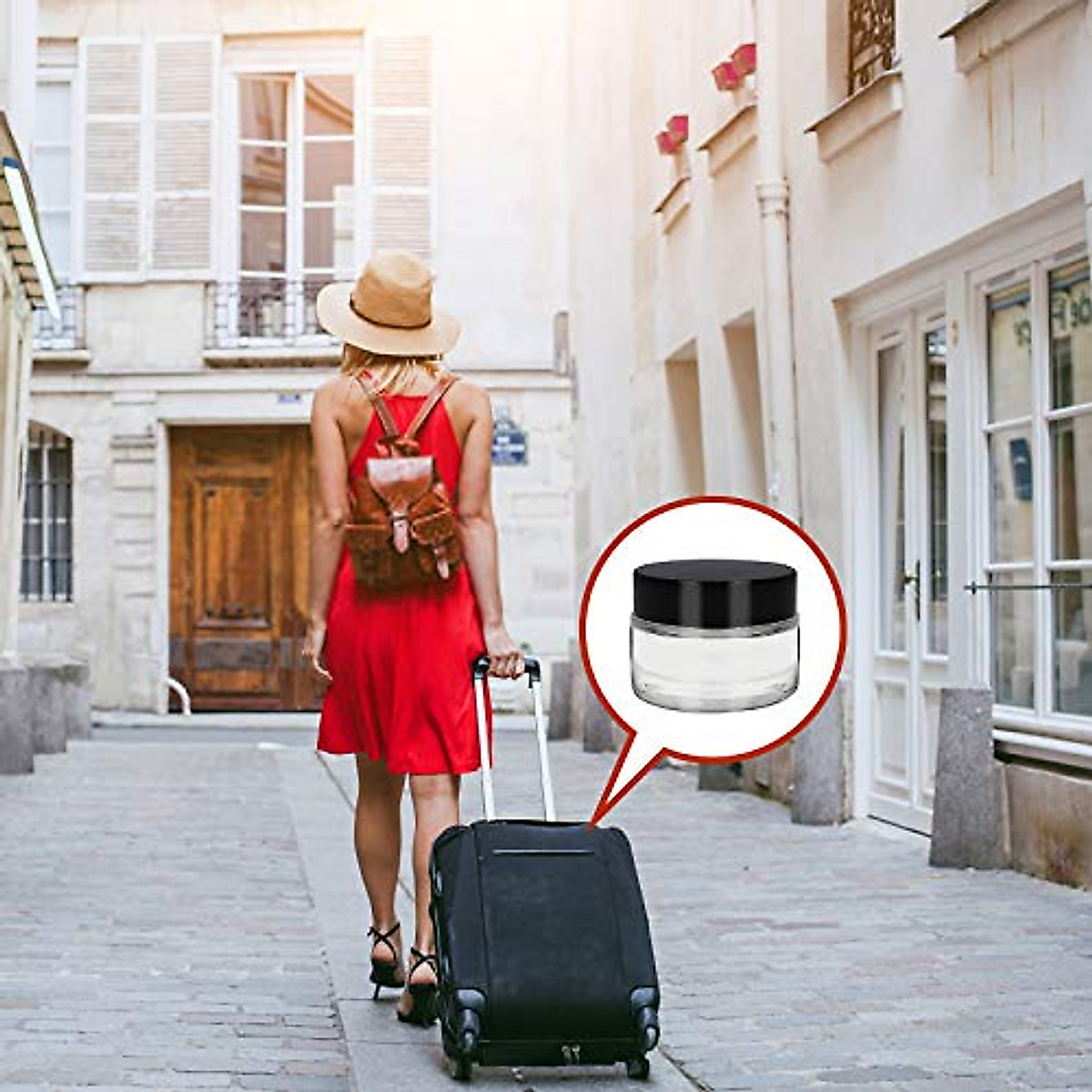 24 Pack 1oz Clear Round Glass Jars - Empty Cosmetic Containers with Inner Liners, black Lids and Glass Sample Jars with labels For Slime, Beauty Products, Cosmetic, Lotion，Powders and Ointments