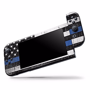 Design Skinz - Compatible with Nintendo Switch Console + Joy-Con - Skin Decal Protective Scratch-Resistant Removable Vinyl Wrap Cover - Distressed Wood Patriotic American Flag with Thin Blue Line