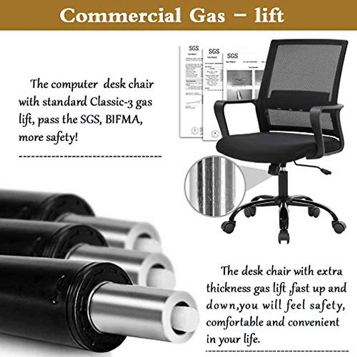 Office Chair Ergonomic Desk Chair, Mid Back Mesh Computer Chair- Executive Office Chair Rolling Swivel Adjustable Stool,Modern Task Chair with Armrests Lumbar Support Wheels for Woman Girls,Black