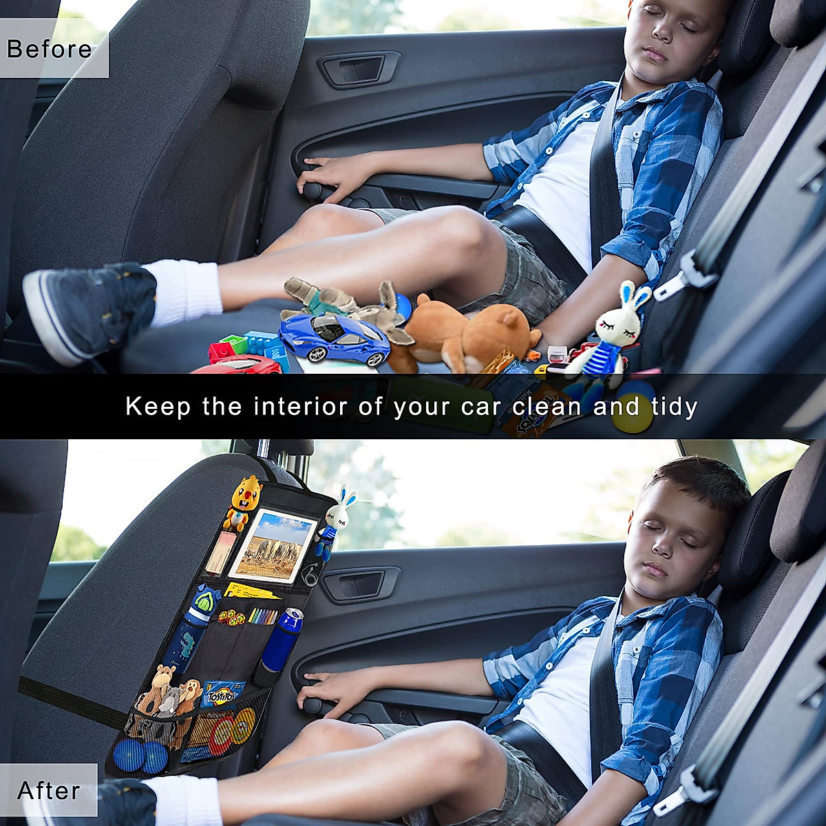 Ecurfu Backseat Car Organizer, Back Seat Protectors Kick Mats, Car Storage Bag with iPad Tablet Holder + 9 Storage Pockets for Kids Toddlers, Travel Accessories (1PC)