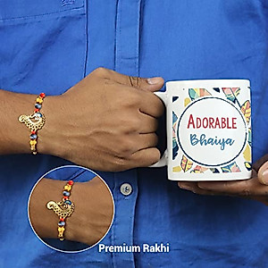 TIED RIBBONS Rakhi for Brother with Gift Set | Coffee Mug (10 Oz) | Greeting Card | Roli Chawal Packet - Raksha bandhan Rakhi Gifts for Brother Rakhi Set for Brother Bhai Rakhi Thread