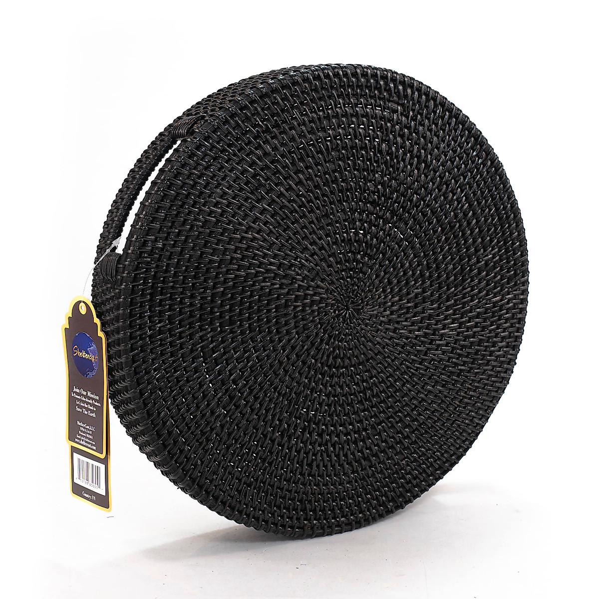 Rattan Round Serving Tray, Hand Woven Serving Basket with Cut - Out Handles, Wicker Fruit/Bread Serving Basket, 14.17 Inch (Black, Large)