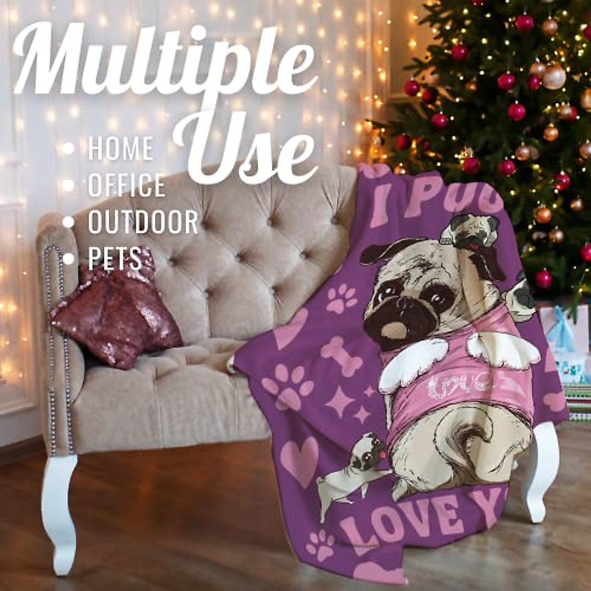 InnoBeta Pug Blanket, Pug Gifts, I Puggin’ Love You, Pug Flannel Blanket for Pug Lovers, Soft Throw Blanket for Women, Girlfriend, Besties, Wife, Bed, Sofa Blanket 50"x 65"