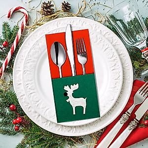 10 Pieces Christmas Silverware Holder Pocket Tableware Cutlery Organizers Felt Xmas Tree Snowman Reindeer Snowflake Stocking Knife Fork Flatware Bags Christmas Party Dinner Table Supplies