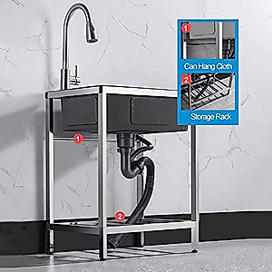 EMENG Commercial Sink with Faucet Stainless Steel Catering Sink Multifunctional Kitchen Wash Sink, Removable Storage Shelf, 2.0mm Thick, 56×46×75cm