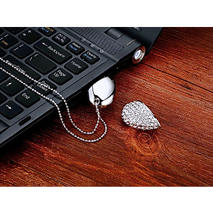 EcooDisk 128GB USB 3.0 Flash Drive Diamond Heart with Necklace Memory Stick High Speed Thumb Drive Jump Drive Data Storage Silver