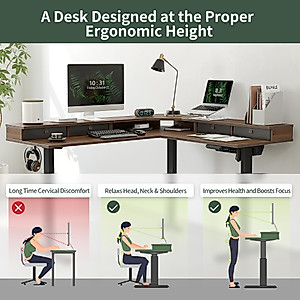 FEZIBO 63" L Shaped Standing Desk with Drawers, Electric Adjustable Height Standing Gaming Desk L Shape, Black Walnut Top/Black Frame