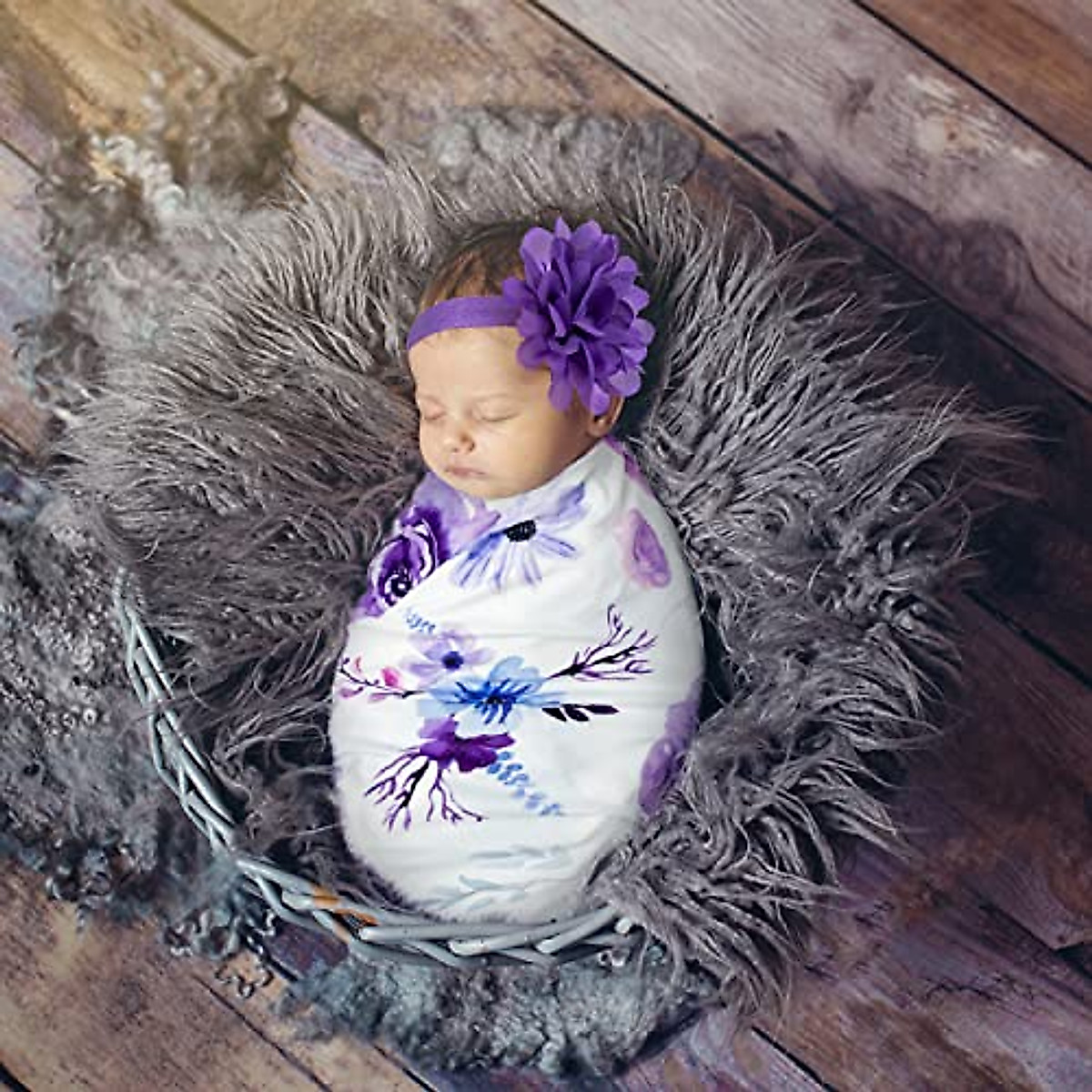 R HORSE Newborn Baby Swaddle Blankets Headband Sets Including 2 Pack of Swaddle Blanket & Headband Floral Pattern Receiving Blankets for Baby Shower Newborn Gift (0-3 Months)