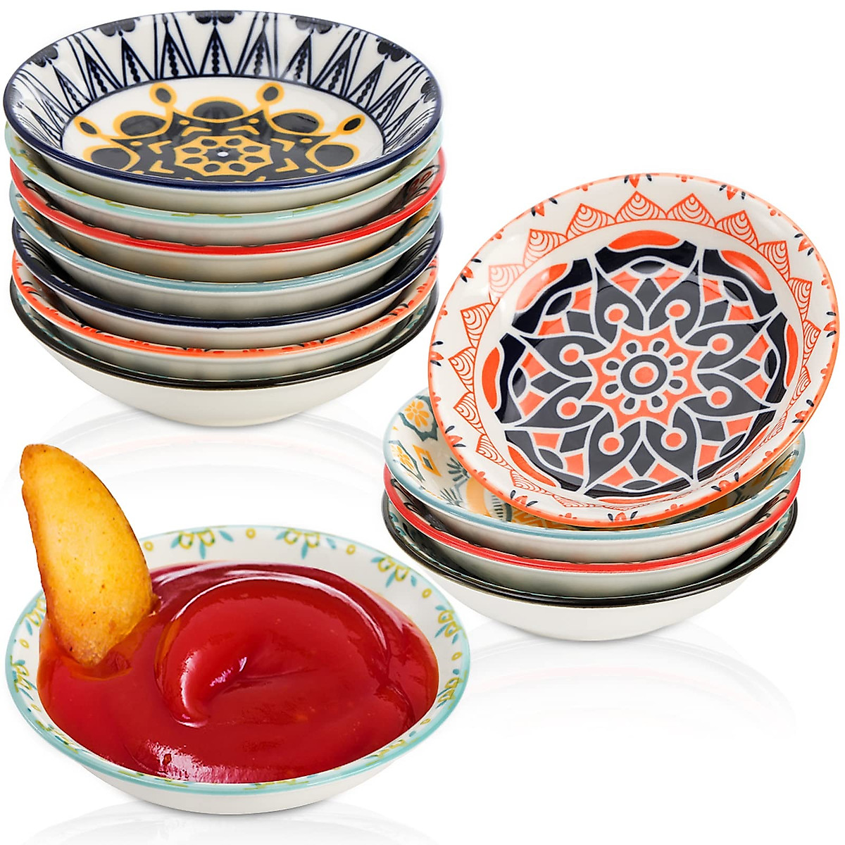 Cedilis 12 Pack Ceramic Soy Sauce Dipping Bowls, 3.5oz Pinch Bowls for Kitchen Prep, 4 Inch Small Sushi Soy Sauce Dish Plate, Colorful Condiments Bowl Dish Dip Bowls Side Dishes