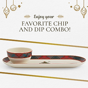 Spode Christmas Tree Collection| Tartan 2 Piece Chip and Dip| Measures 13-Inches| Made of Fine Earthenware| For Sauces and Appetizers| Dishwasher, Microwave, and Freezer Safe