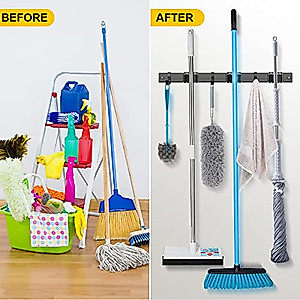 2 Pack 16'' Broom and Mop Holder Wall Mount with Movable Sliding 3 Racks 3 Hooks, Storage Organizer Wall Hanger, Cleaning Tool Hanging Grippers for Kitchen Bathroom Garden Garage Laundry Home Closet