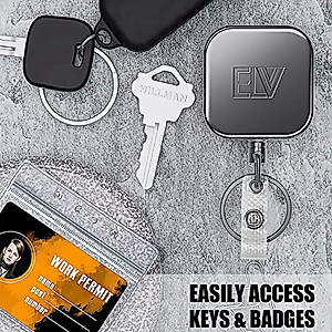 ELV Retractable ID Badge Holder, Heavy Duty Metal Body and Upgraded Dyneema Cord, Carabiner Key Chain Metal Keychain with Belt Clip and 31 inch Wire Extension, Hold Up to 15 Keys and Tools