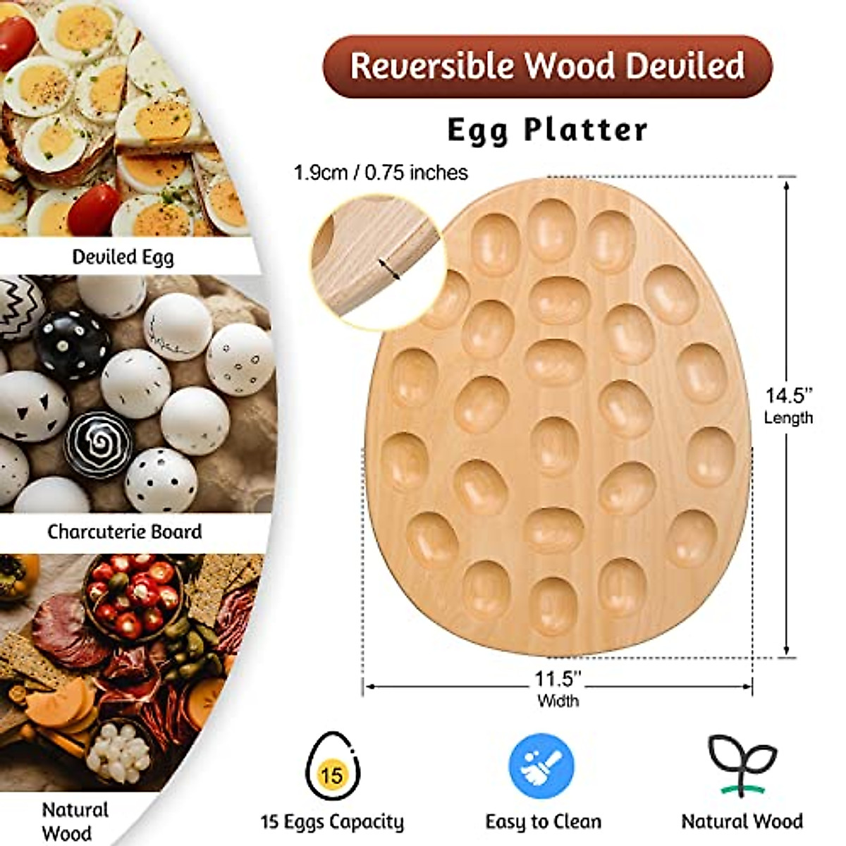 Reversible Wood Deviled Egg Platter and Charcuterie Board Thicken Size Egg Holder Countertop Refrigerator Egg Containers for Easter Egg Deviled Egg Board (Egg Shape)