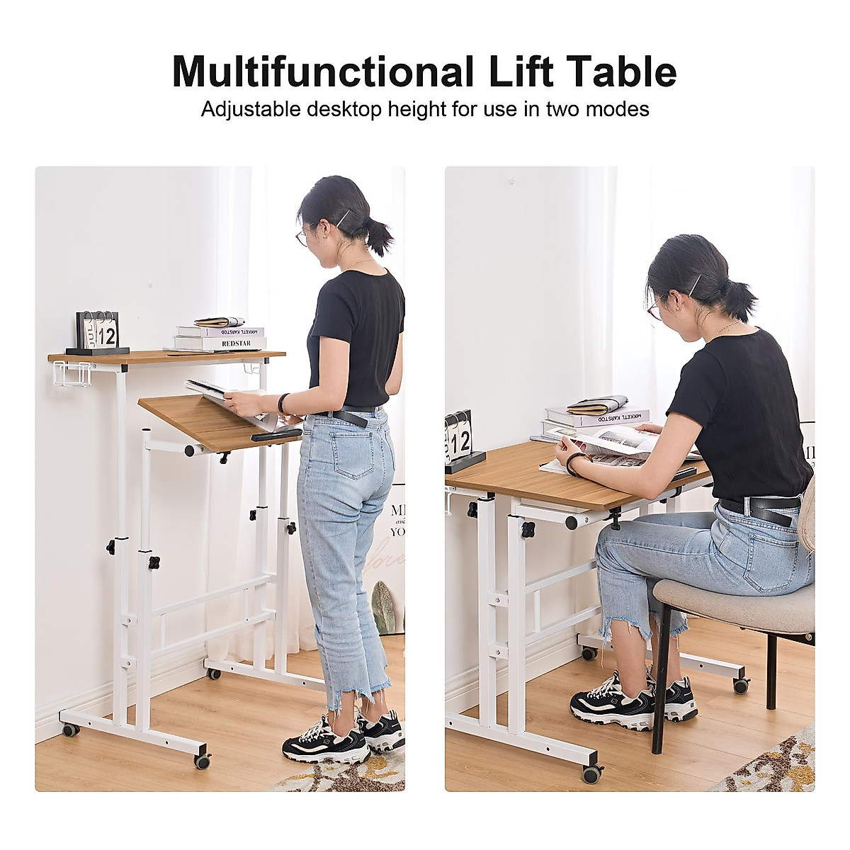 soges Rolling Standing Desk, Height Adjustable Home Office Desk, Mobile Sit-Stand Laptop Desk with Cup Holder and Hook, Portable Desk with Wheels, Oak