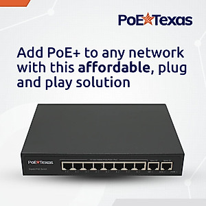 PoE Texas 8 Port PoE Switch - 802.3af/at Power Over Ethernet with 8 PoE+ Ports, 2 LAN Uplink, VLAN & Extender - 120W High Speed Unmanaged Wired Network Switch - Security Camera, Video & More