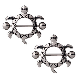 Ruifan Nipple Shield Rings Dangle Tortoise & Nipple Barbell Bar Retainer 316L Surgical Steel Body Piercing 14G 4PCS