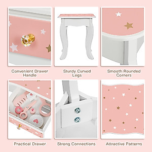OOOK Kids Vanity Set, Girls Vanity Set with Mirror and Stool, Makeup Vanity Dressing Table for Kids, Premium Child Vanity Set as Gift, Wooden Pretend Kids Vanity Set for Little Princess.
