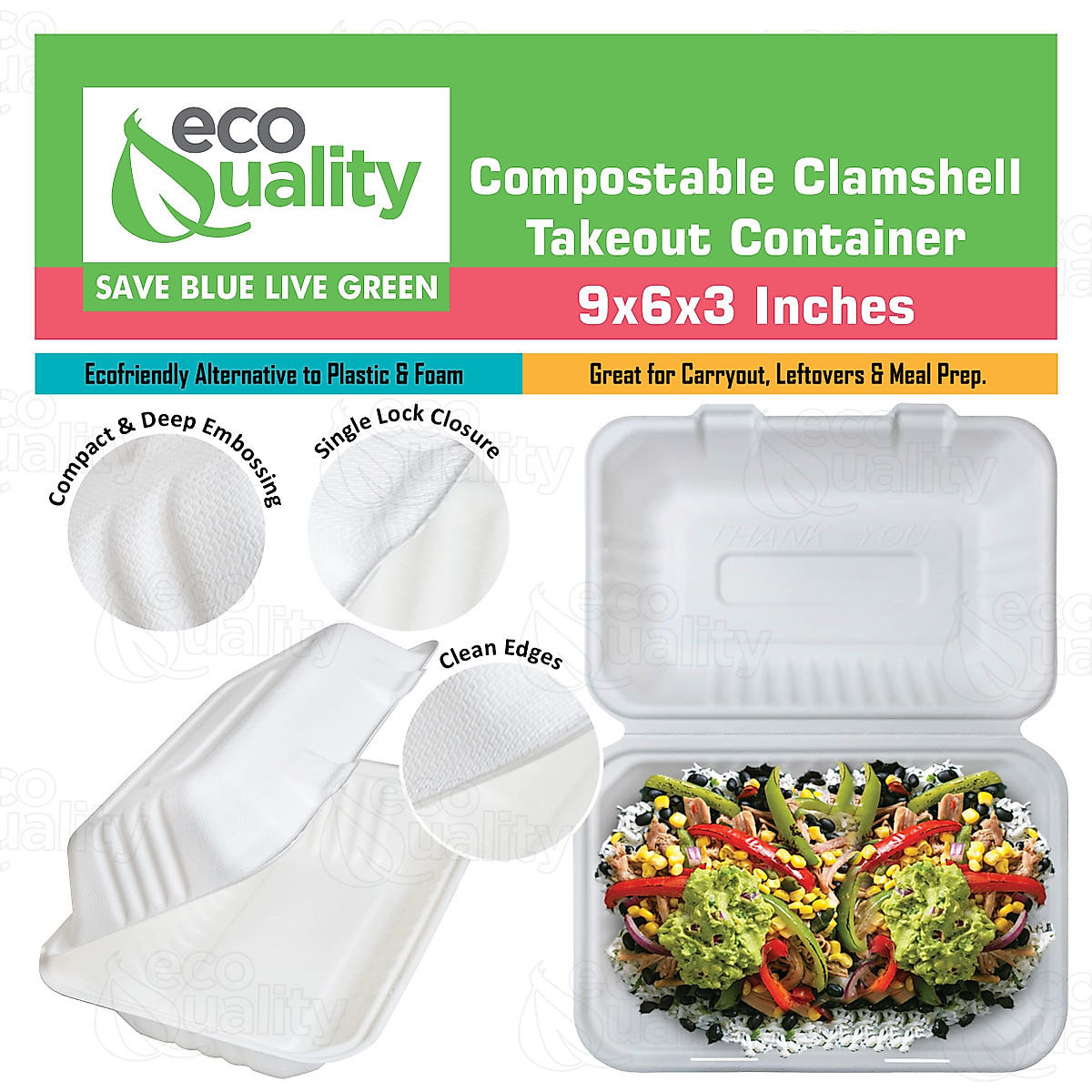 Compostable Rectangular Hinged Clamshell Take Out Food Containers 9x6x3,Heavy Duty Quality Disposable to go Containers, Single Compartment Eco-Friendly Takeout Box, Restaurants, Food Trucks (250)