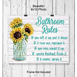 Bathroom Rules Wall Decor - Sunflower Wall Decor - Rustic Country Farmhouse Bathroom Decor - Powder Room Decor - Funny Blue Bathroom Decor - Restroom Sign - Bath Wall Art - Decorations - Unframed 8x10