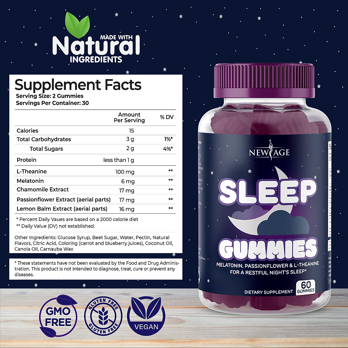 NEW AGE Sleep Melatonin Gummies 2 Pack - All Natural Flavor with L Theanine, Passionflower, Chamomile, and Lemon Balm - Made in The USA - 120 Gummies - 60 Night Supply
