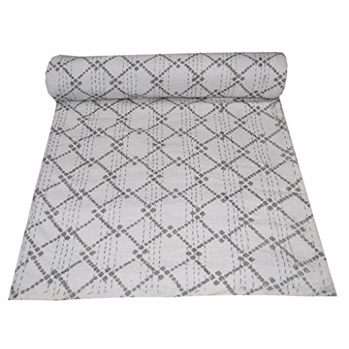 MAVISS HOMES Beautiful Indian Hand Block Printed Queen Kantha Quilt | Pure Cotton Vintage Kantha Quilt | Throw Blanket; Grey