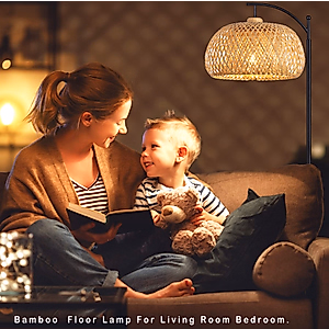 Bamboo Floor Lamp Rattan for Living Room,Bedroom,Farmhouse,Boho Standing Lamp with Control and Dimmable Bulb,Hand-Worked Woven Lamp Shades,Black Industrial Floor Light Adjustable Corner Tall Lamp