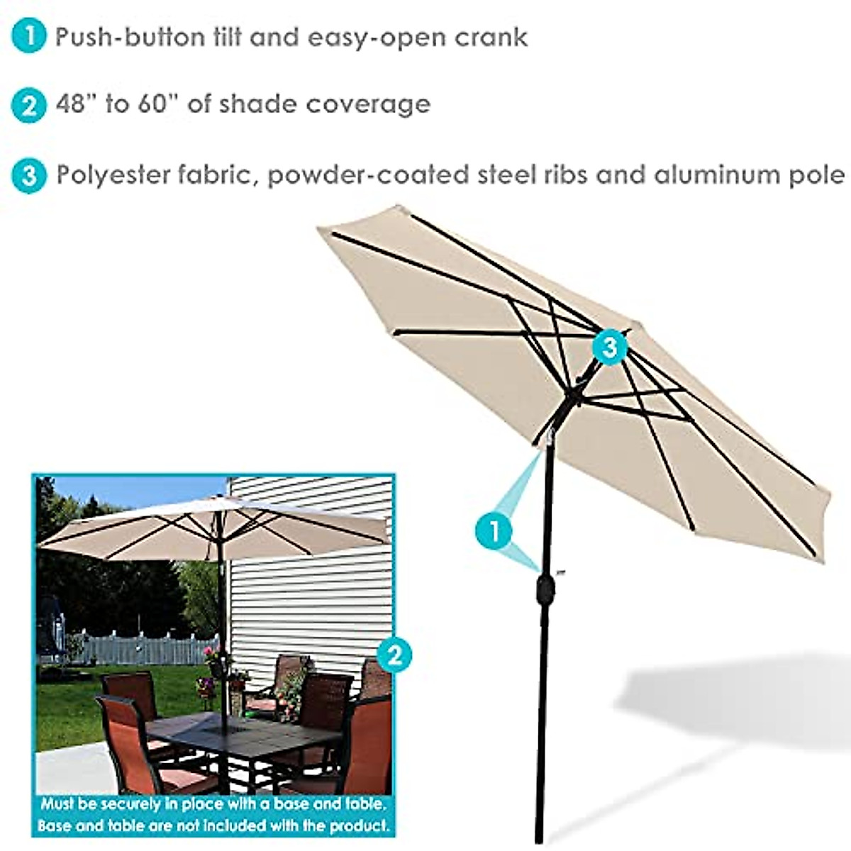Sunnydaze 9-Foot Patio Umbrella - Push-Button Tilt and Crank Handle - Aluminum Pole and Polyester Shade Canopy - Beige