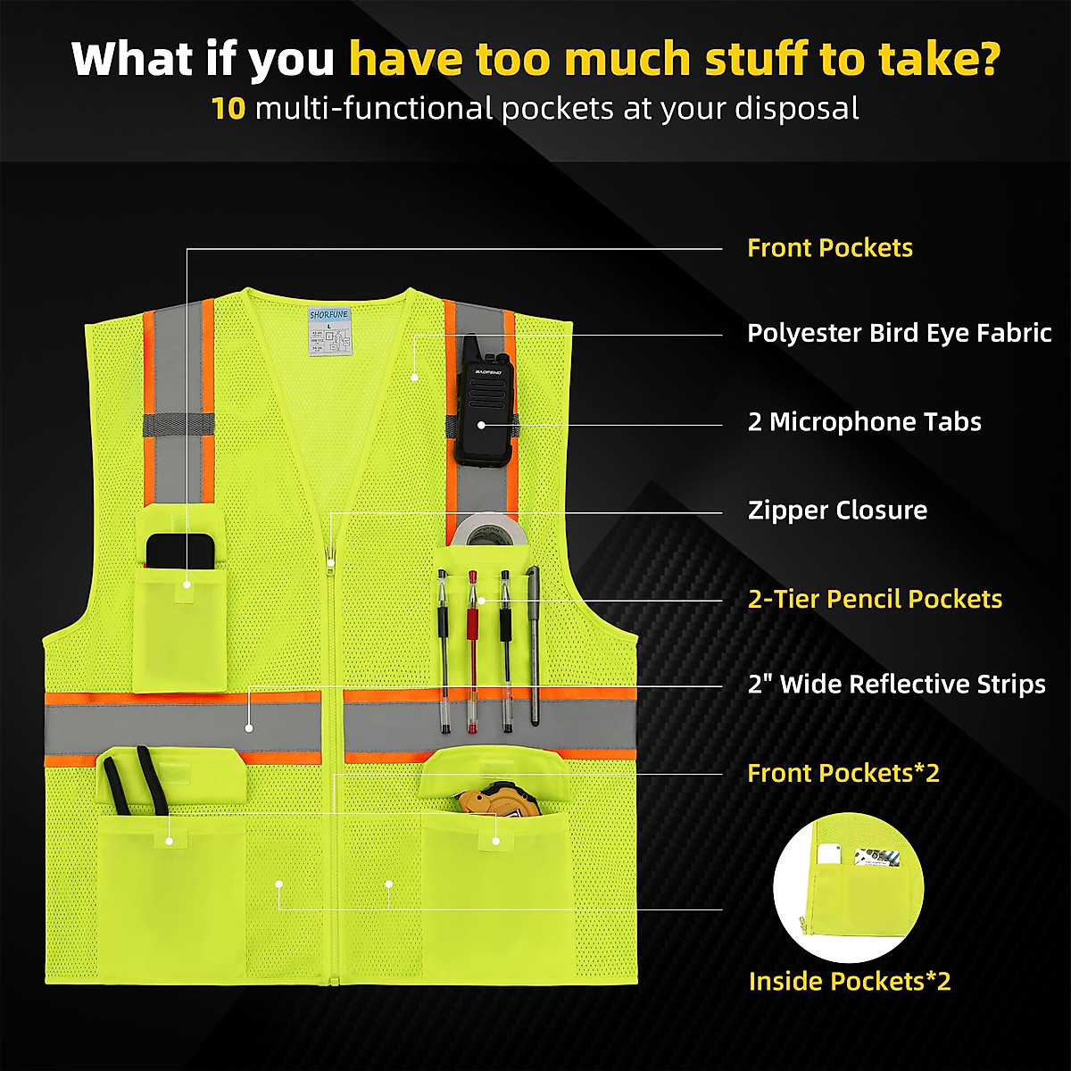 SHORFUNE High Visibility Mesh Safety Vest with 10 Pockets, Mic Tabs, Zipper and Reflective Strips, Reflective Construction Vest for Men and Women, ANSI/ISEA Standards, Yellow, L
