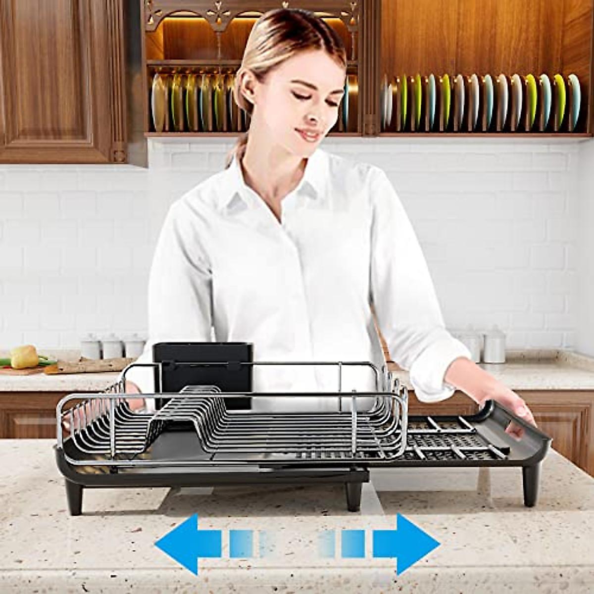 SNTD Dish Drying Rack for Kitchen Counter Sink Organization and Storage Black, Expandable Large Capacity Dish Rack Dish Drainer Utensil Sponge Holder Sink Caddy Over The Sink Pot Pan Rack Organizer