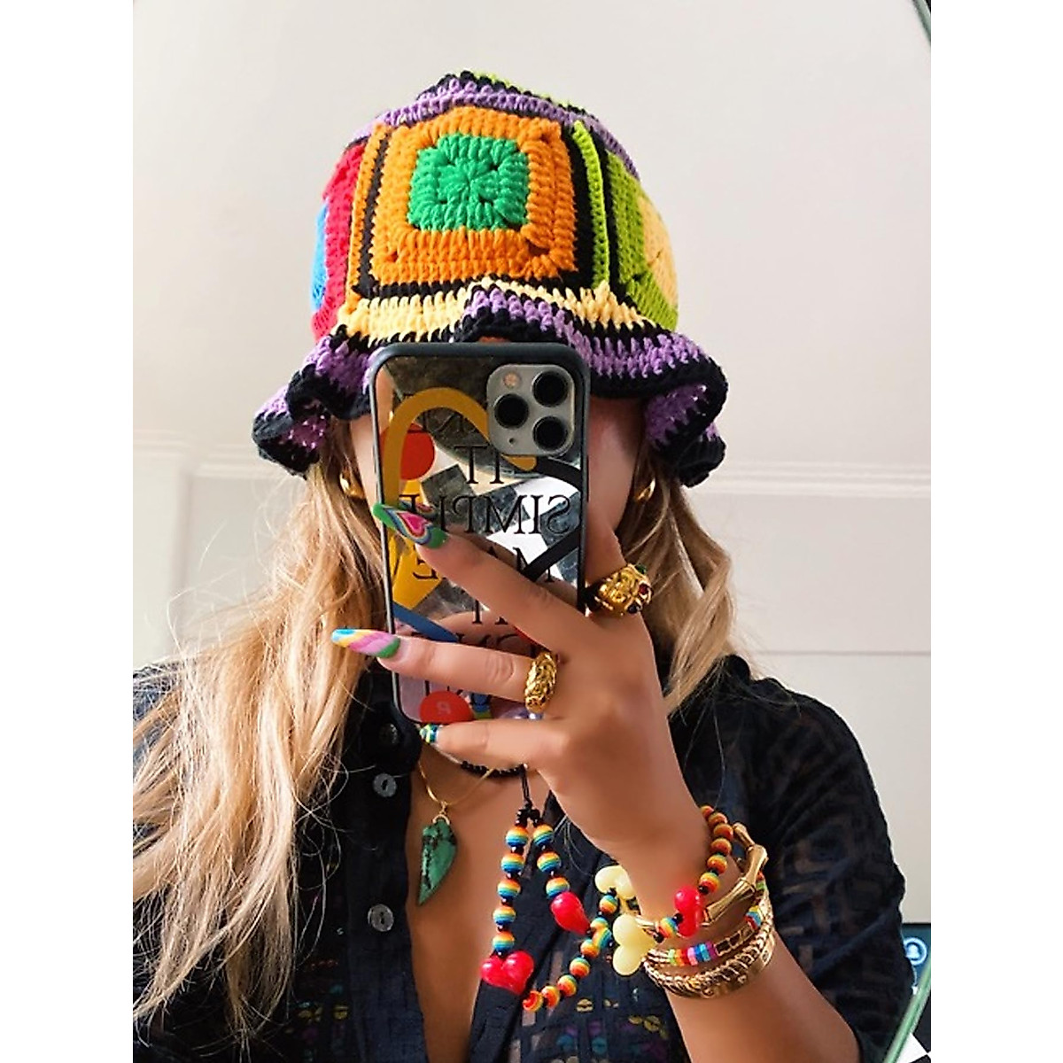 Verdusa Women's Colorblock Crochet Bucket Hat Knitted Beanies Cap Multicolor one-size