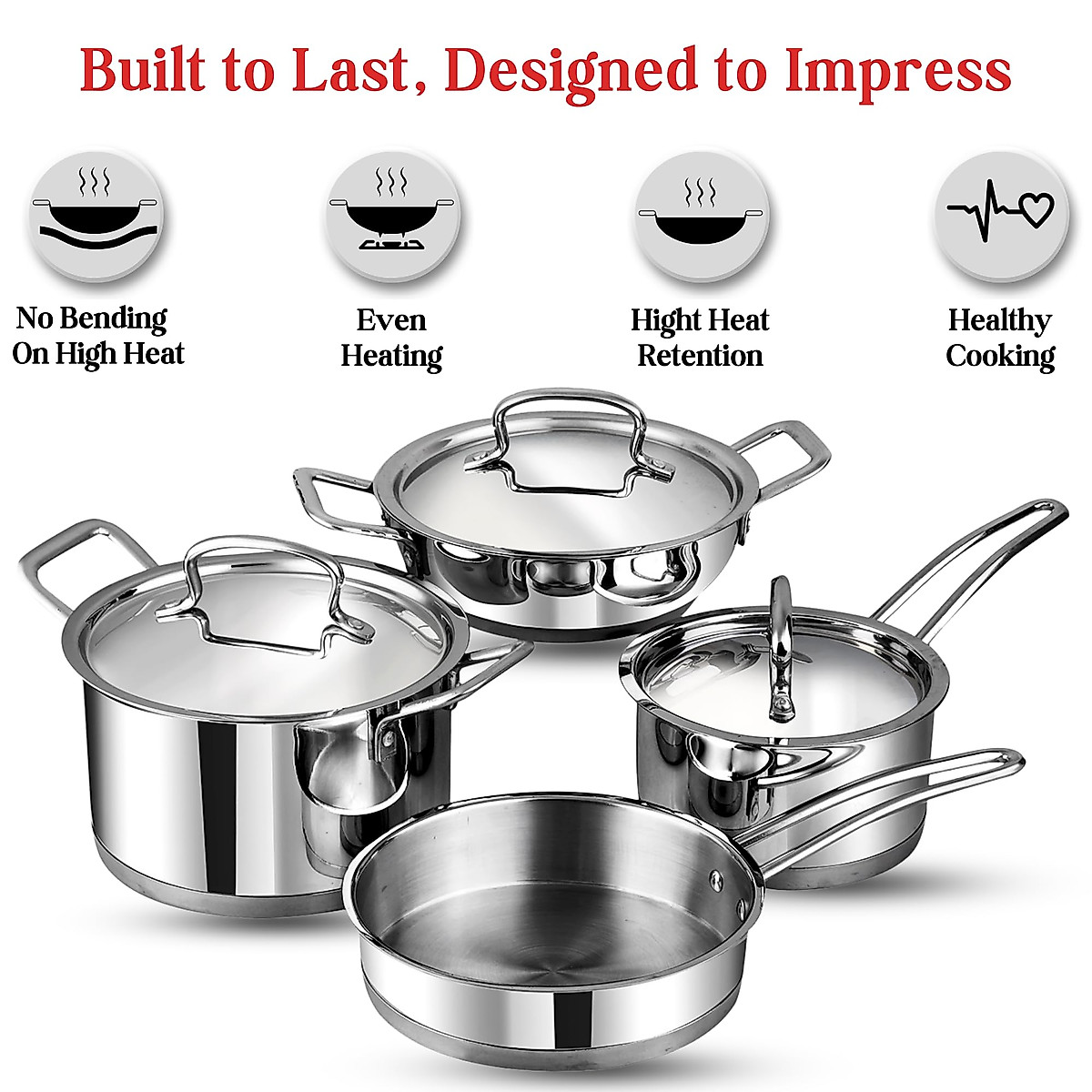 Vinod Classic Deluxe Stainless Steel Cookware Combo Set of 4 Pcs/Saucepan, Saucepot, Kadai and Frypan/Deep Kadhai for Cooking/Heavy Induction Bottom