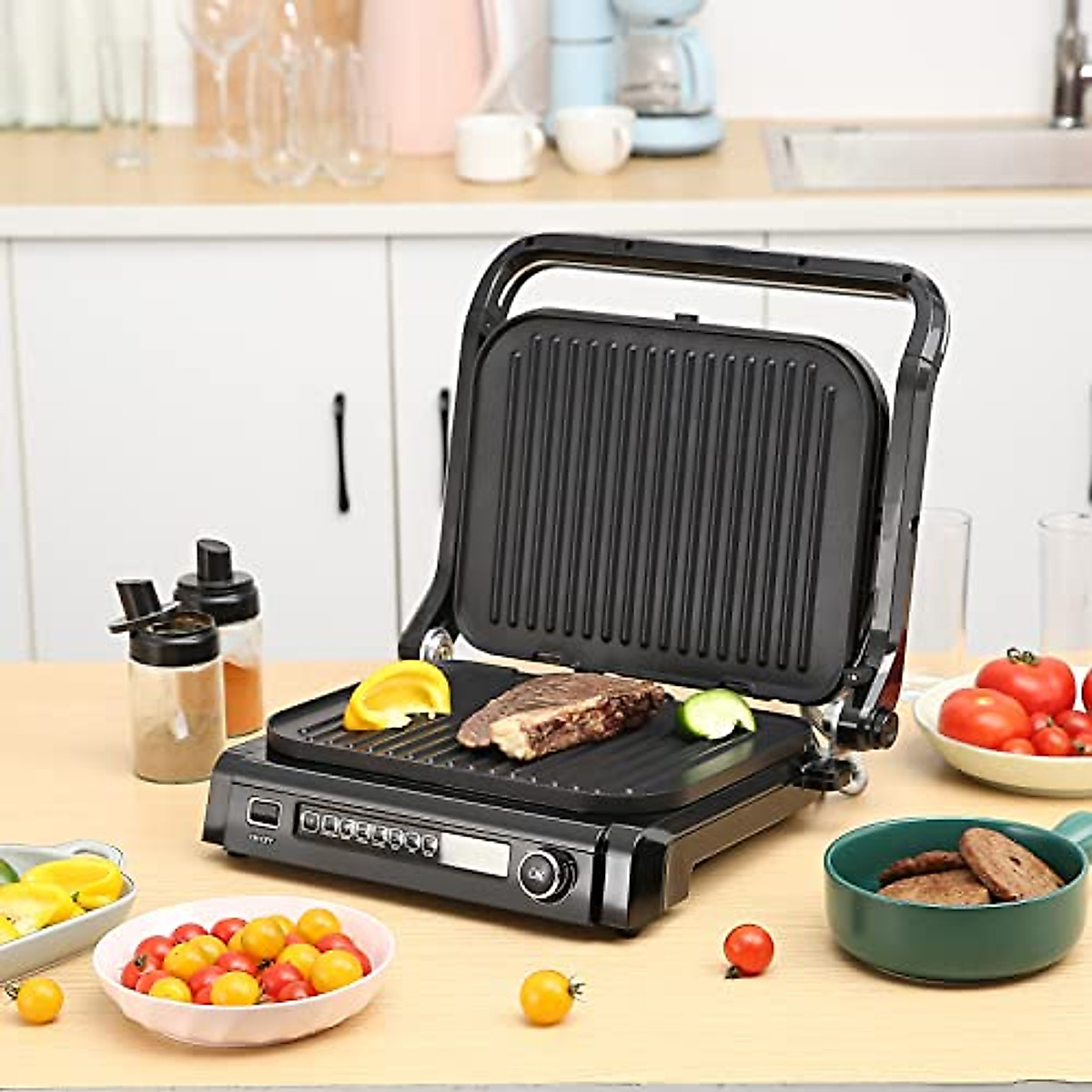 VEVOR 7 IN 1 Electric Contact Grill,1800W Indoor Panini Press Griddle,Stainless Steel Teppanyaki Grill with Nonstick&Removable Iron Plate, 0-446℉ Adjustable Temp Control,LCD Display,110V