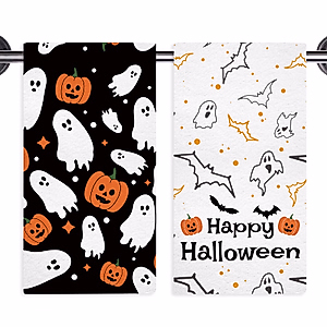 Halloween Kitchen Towels Halloween Pumpkin Ghost Halloween Dish Towels Set of 2, Spooky Holiday Hand Towel 18x26 Inch Drying Cloth Towel for Kitchen Home Decoration