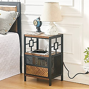 MNEETRUNG End Table with Charging Station, Industrial Side Table with USB Ports and Outlets, Bedside Tables with Door, 3-Tier Nightstand for Small Spaces, Sturdy, for Living Room, Bedroom, Brown